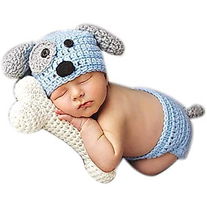 Newborn Baby Boy Girl Photo Props Outfits Crochet Knitted Dog Hat Shorts with Bone Set for Boys Girls Photography Shoot (Blue & White ，1-12 Months)