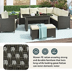 GODAFA 6-Piece Wicker Outdoor Patio Furniture Set-Featuring All-Weather PE Rattan Conversation Sectional Sofa, Dining Table, Chair, and Bench with Cushions for Backyard, Porch, and Poolside, 1, Beige