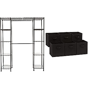Amazon Basics Expandable Metal Hanging Storage Organizer Rack Wardrobe with Shelves, Bronze & Amazon Basics Collapsible Fabric Storage Cubes Organizer with Handles, Black - Pack of 6