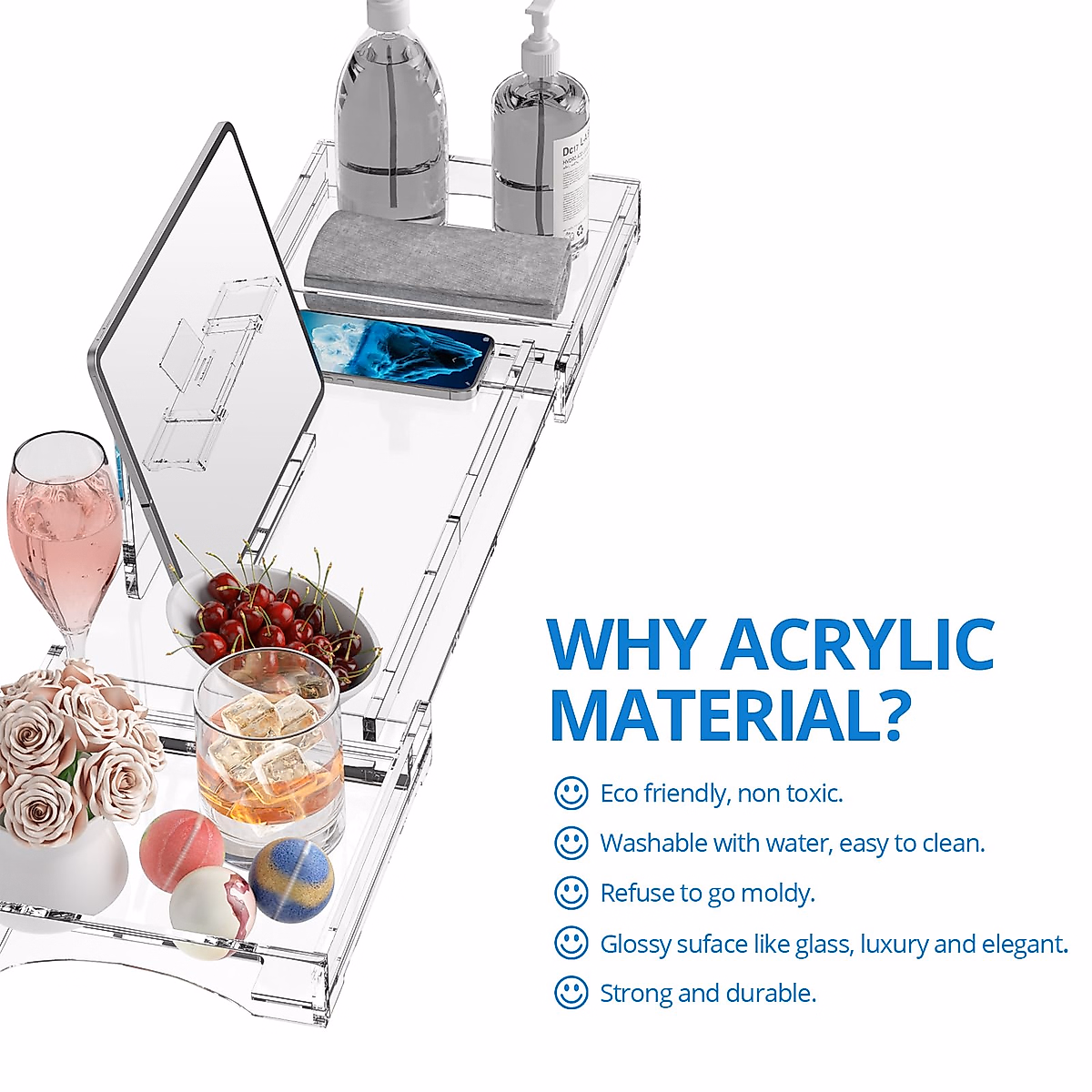 WINFFOR Acrylic Bathtub Tray Expandable Bath Tub Caddy, 32'' Bath Tray for Bathtub Adjustable Caddy Tray with Extending Sides (Clear)