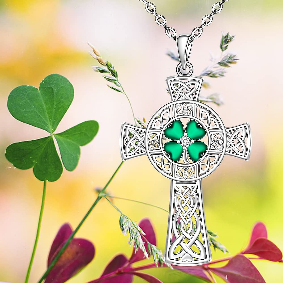 St Patricks Day Necklace Shamrock Necklace Celtic Cross Four Leaf Clover Necklaces for Women Sterling Silver Irish Shamrock Pendant Green 4 Leaf Clover Jewelry Lucky Gifts