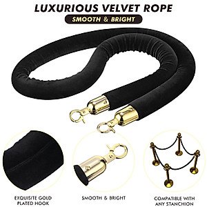 6 Pack Velvet Stanchion Rope, 5 Feet Crowd Control Stanchion Ropes Safety Barrier with Gold Plated Hook for Carpet Events Movie Theaters Grand Openings Hotels Party (Black,6 Pcs)