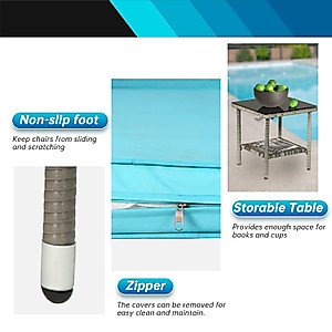 FDW 3 Piece Outdoor Furniture Set Patio Gray Wicker Chairs Furniture Bistro Conversation Set 2 Rattan Chairs with Blue Cushions and Glass Coffee Table for Porch Lawn Garden Balcony Backyard