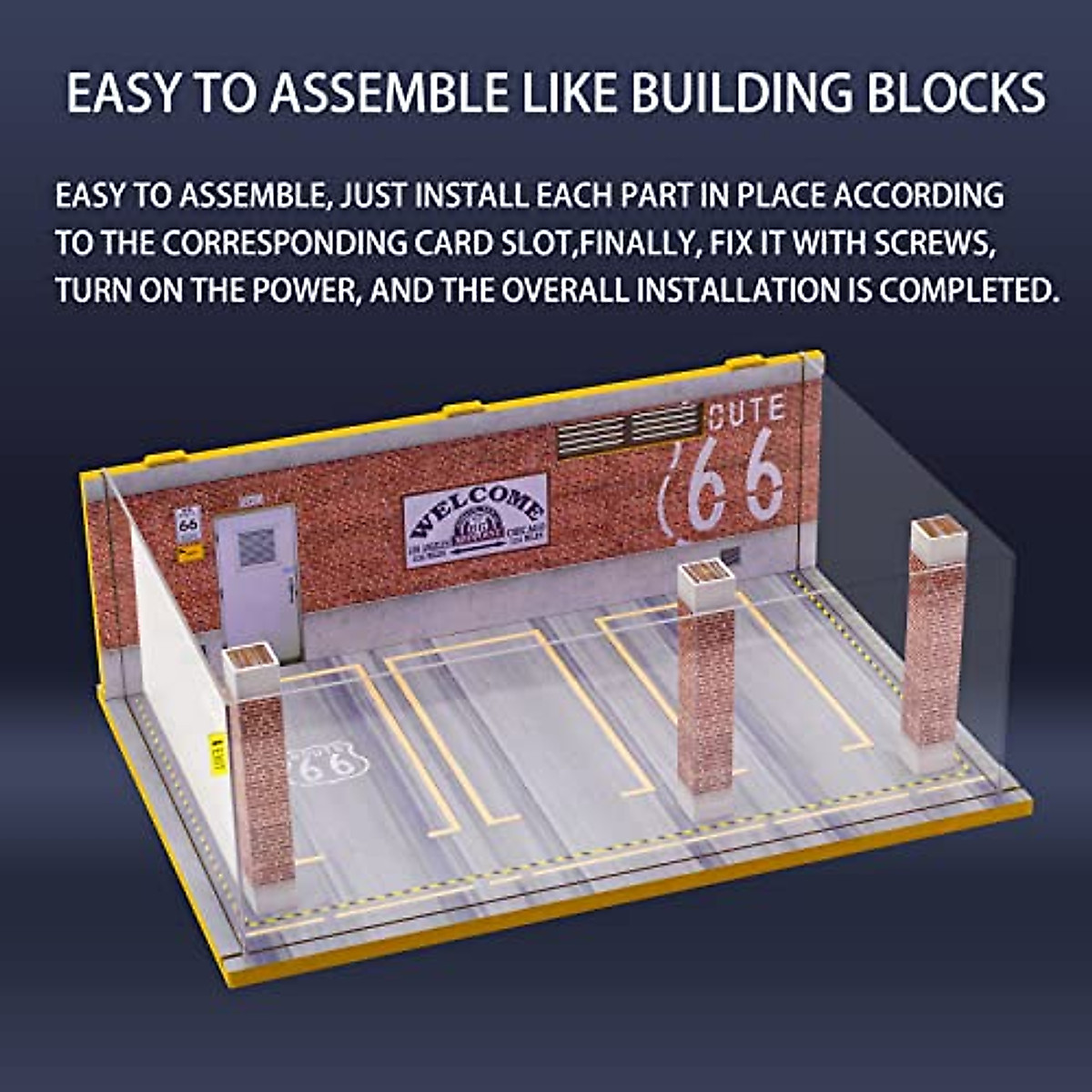 Sikivot 1/24 Scale Car Display Case,Car Model Toy with Parking Lot Scene, Die-cast Car Garage Display Case,2 Parking Space Acrylic Toy Garage with LED Light