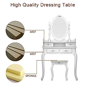 JXMS Makeup Mirror Desk Chair 3Pc Vanity Desk Set Makeup Storage Organizer Computer Desk Dresser with Cushioned Stool for Bedroom Swivel Mirror Modern Vanity 4 Drawers -White Without Lights