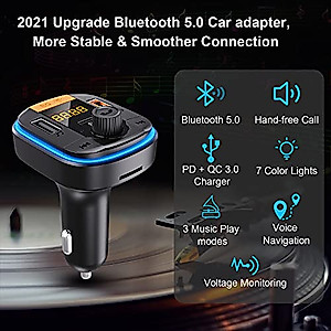 Bluetooth FM Transmitter for Car - Tensun Bluetooth Car Adapter PD20W+QC3.0 Cigarette Lighter Bluetooth 5.0 Radio Receiver Music Player Car Charger Supports Hands-Free Call Siri Google Assistant
