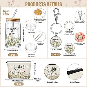 Ziliny 3 Pcs Christian Gifts for Women Be Still and Know Religious Gifts 16 oz Glass Cups with Lid Inspirational Scripture Keychain Bible Verse Cosmetic Bag Gifts for Teacher Student(Flower)