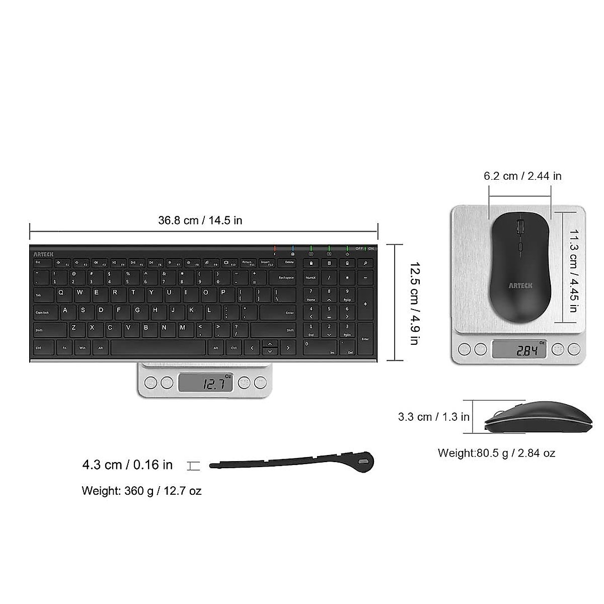 Arteck 2.4G Wireless Keyboard and Mouse Combo HW193MW162 Stainless Ultra Slim Full Size Keyboard and Ergonomic Mouse for Computer Desktop PC Laptop and Windows 11/10/8/7 Build in Rechargeable Battery