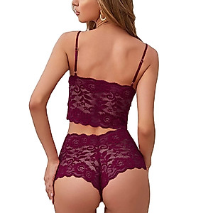 Lilosy Sexy Women Floral Lace Pajamas Lingerie Set High Waist Sheer Sleepwear See Through Nightwear Cami Shorts Bra and Panty 2 Piece Wine Red Large