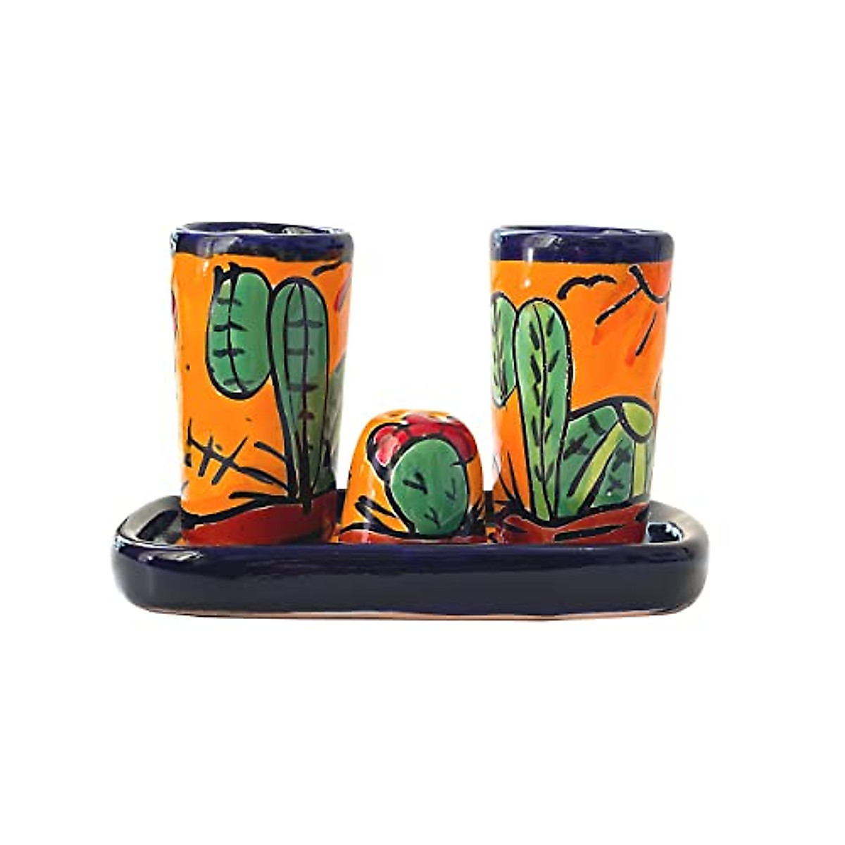MEXTEQUIL - Authentic Mexican Talavera Tequila Shot Glasse with Tray and Salt Shaker - 2 Shots, 4pieces - Giffable - Artisanal colorful hand-painted (Cactus)