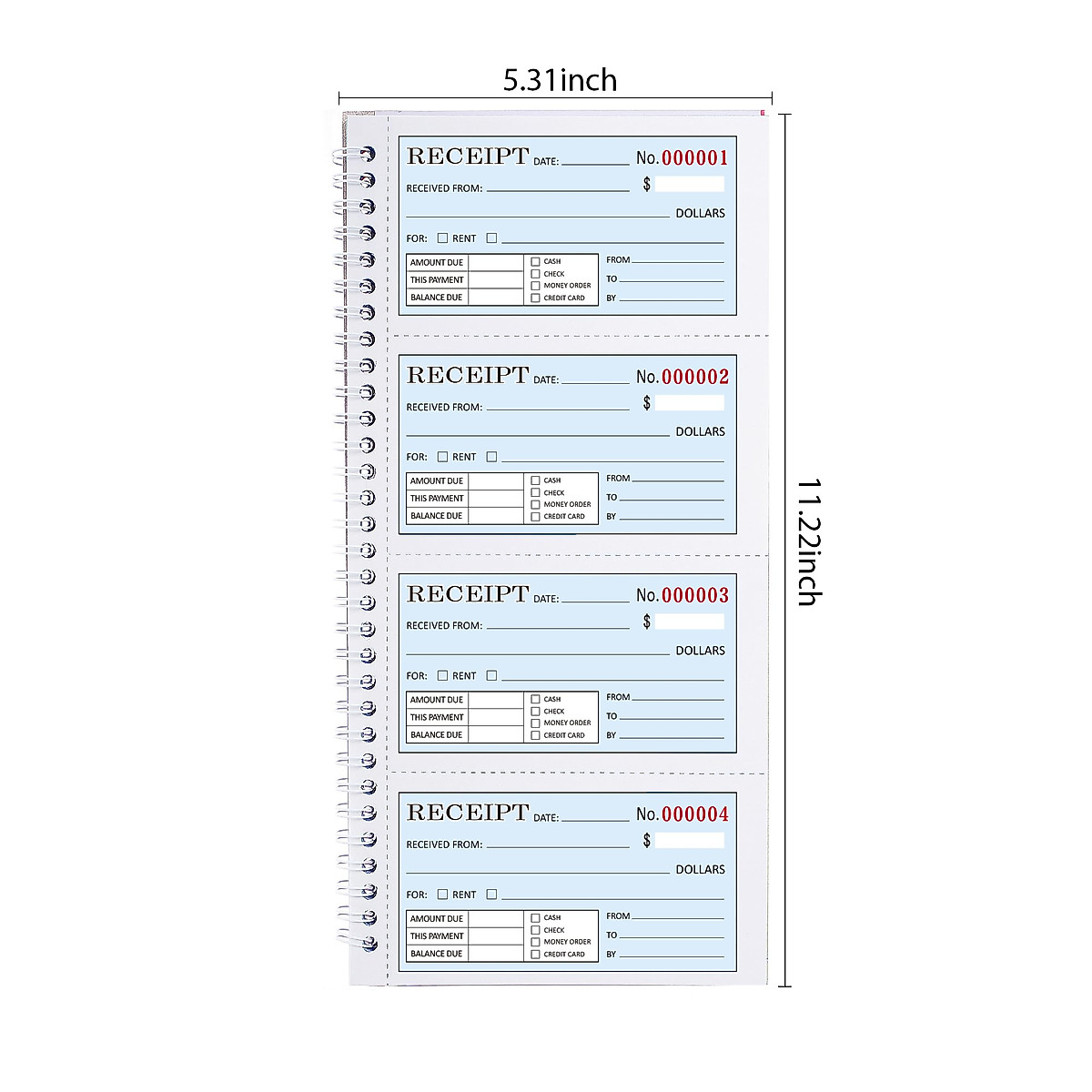 Zzrywuty Money and Rent Receipt Book with Cardboard Insert, 2-Part Carbonless, 5.32”x11.23” Spiral Bound, 200 Sets per Book, 4 Receipts per Page for Office Supplier, Rent and Cash Transaction