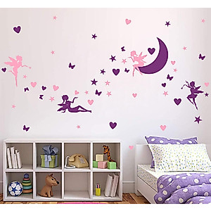 IKEYU Fairy Wall Sticker Girls Fairy Wall Decals Nursery Fairies Wall Stickers Butterfly Pink Purple Star Heart Wall Decals for Girls Bedroom Kids Room Decor