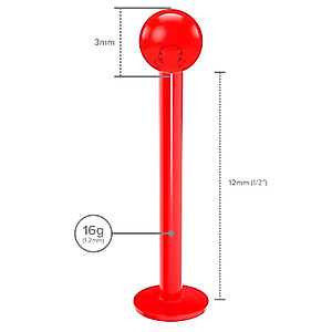 Evonix 2pc 16g Labret Studs Lip Ring Monroe Tragus Snake Spider Bites Forward Helix Cartilage Dahlia Conch Red Dental-Grade Acrylic 3mm Ball - 12mm