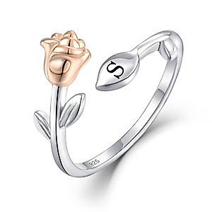 STARCHENIE Rose Initial Ring for Women 925 Sterling Silver Letter S Alphabet Adjustable Ring Size 7