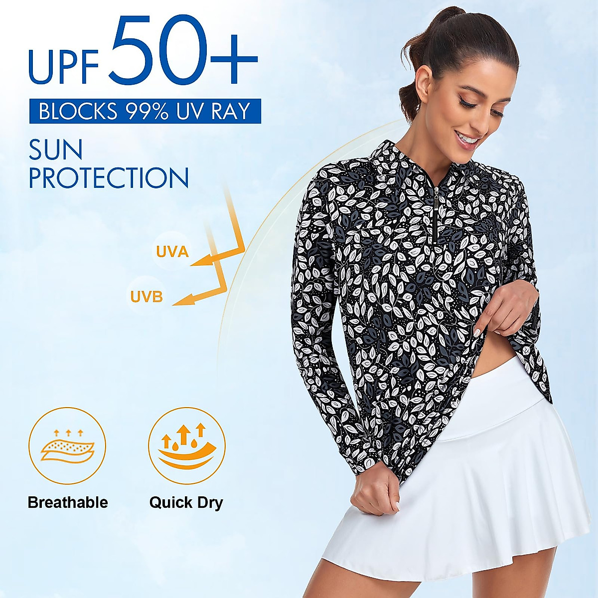 Tanst Sky Long Sleeve Collared Golf Shirts for Women Quick Dry Quarter Zip V Neck Pullover Lightweight Athletic Workout Tops UPF 50+ Gym Hiking Running Clothes Black Large