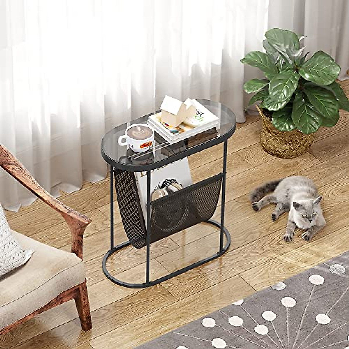 Yusong Tempered Glass End Table for Small Space, Narrow Oval Side Tables Living Room, Little Skinny Bedside Table Slim Nightstand with Magazine Holder for Bedroom, Black