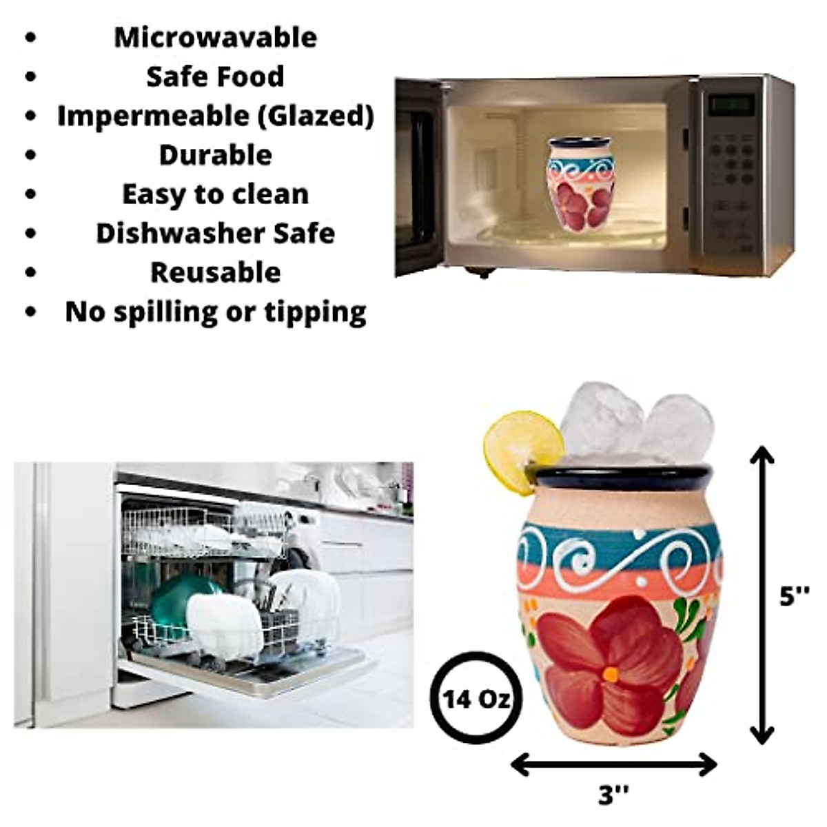 Cantaritos de Barro Jarritos Mexicanos - Set of 2 Authentic Mexican Glazed Clay Mugs 14 Oz For Drink Margaritas & Tequila Special For Taco Tuesda & Mexican Parties (Navy Blue Rim Flowers Desing)