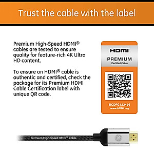 GE 4K HDMI Cable, 6 ft. Premium HDMI 2.0 High Speed 18 Gbps with Ethernet, 4K 60Hz, 1440p 1080p 120Hz, HDR, for HDTV, Streaming, Blu-ray, Gaming, PS4 Pro PS5 Xbox, 33512