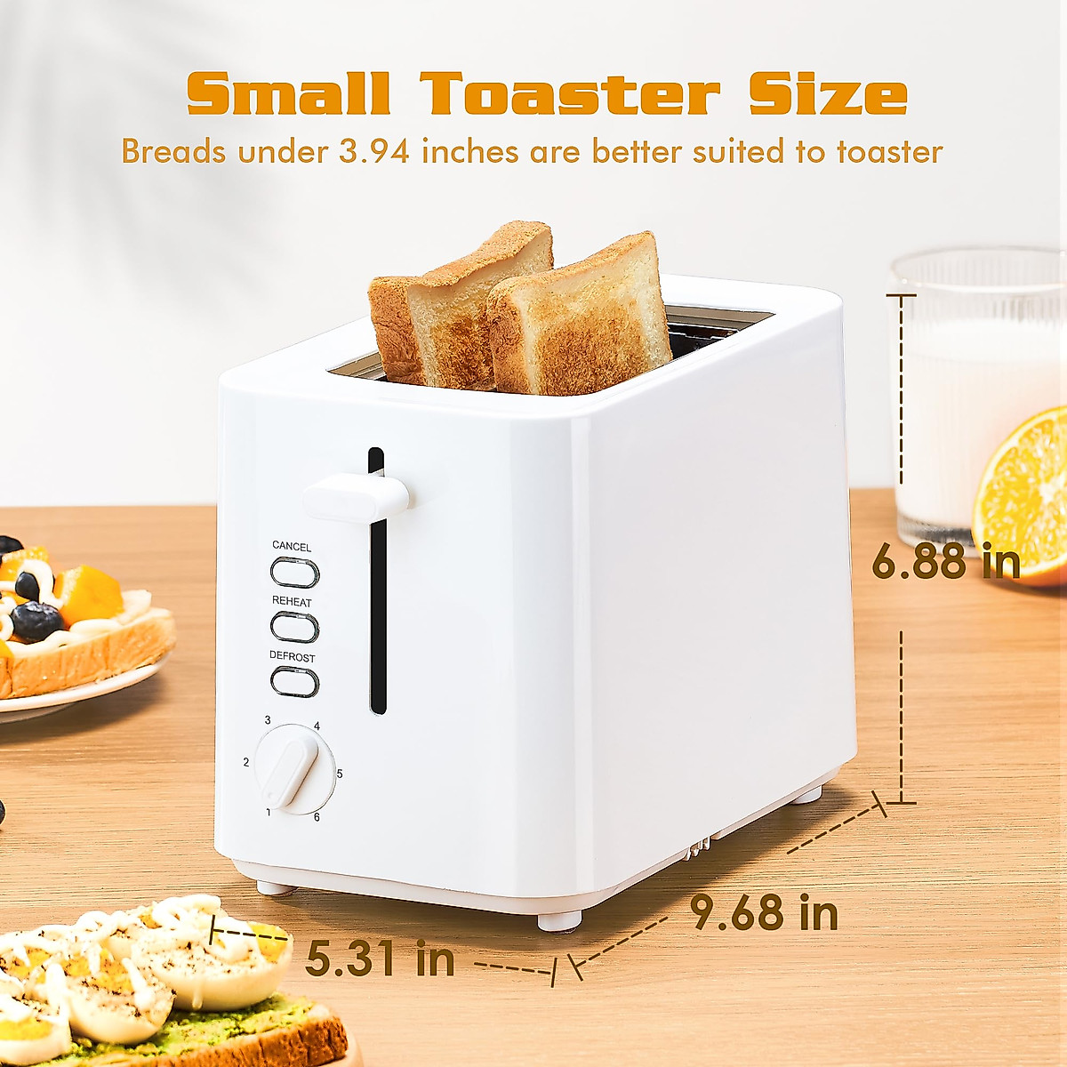 Toaster 2 Slice, NIKLEMON Small Compact Plastic Toaster with 6 Browning Levels and Defrost, Reheat and Cancel 3 Functions, Removable Crumb Tray, Under Base Cord Storage, White