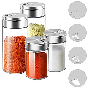 Salt and Pepper Shakers Set 4pcs, Spice Shaker for Kitchen, Pepper and Salt Container with Stainless Steel Lid, Glass Salt Shaker with Adjustable Pour Holes