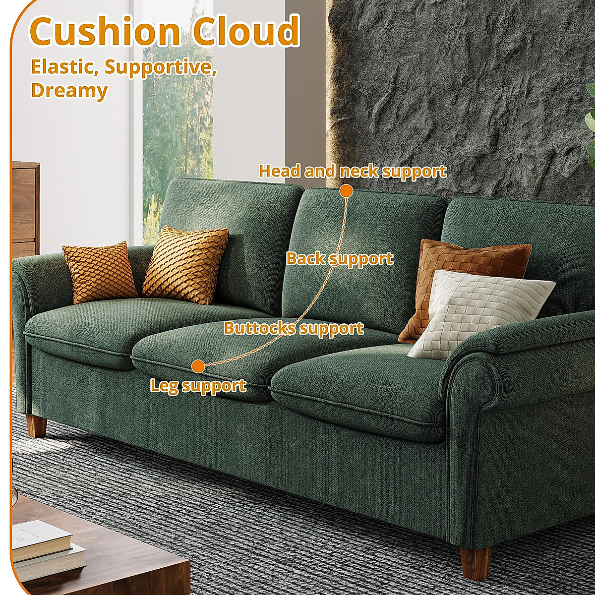 LIKIMIO Sofa 89 Inch, Comfy Sofa Couch with USP Port, Extra Deep Seats Modern 3 Seater Sofa, Couch for Living Room Apartment Lounge, Green Chenille