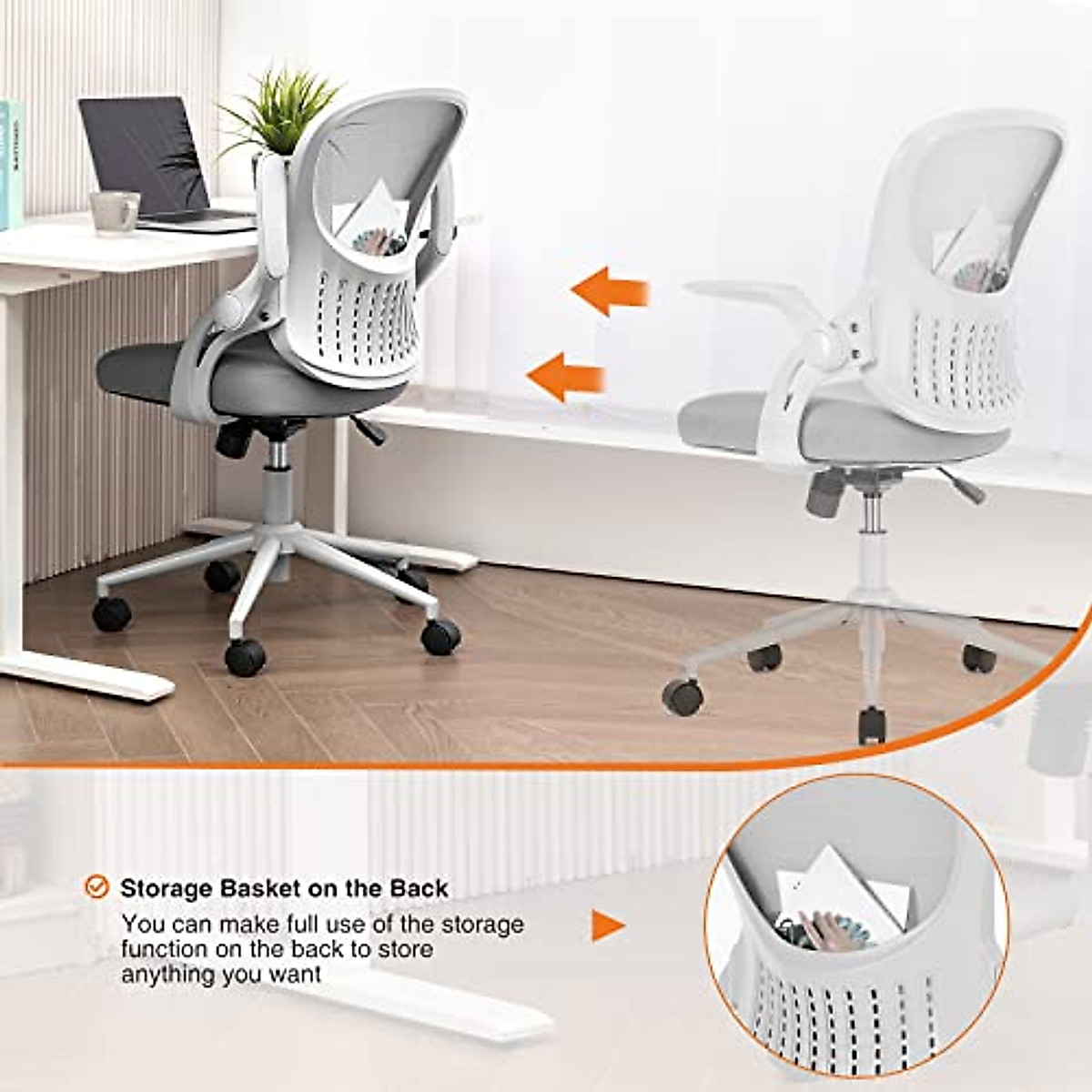 Ergonomic Home Office Desk Chair Mesh Computer Chair Adjustable Height Chair Task Chair Swivel Chair Rolling Chair with Lumbar Support/Flip-up Arms for Office, Study, Bedroom