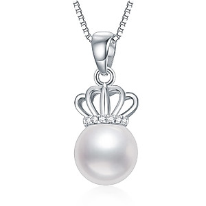 BETHZA Diamond Pearl Necklace for Women Sterling Silver Diamond Freshwater Pearl Pendant Fine Jewelry Gifts for Her Wife Wedding Anniversary Engagement