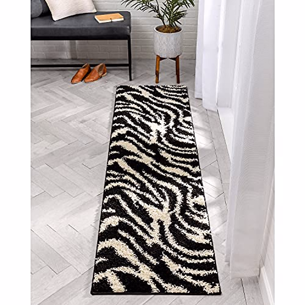 Well Woven Modern Animal Print 2x7 (2'' x 7'3'' Runner) Area Rug Shag Zebra Black& Ivory Plush Easy Care Thick Soft Plush Living Room