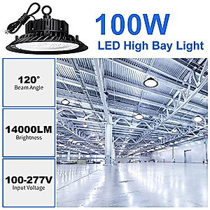 Flohans UFO LED High Bay Light 100W 14,000lm 5000K Daylight 400W MH/HPS Non-Dim, UFO LED Light Equivalent with UL Listed 5’ Cable US Plug for Factory, Warehouse, Basement