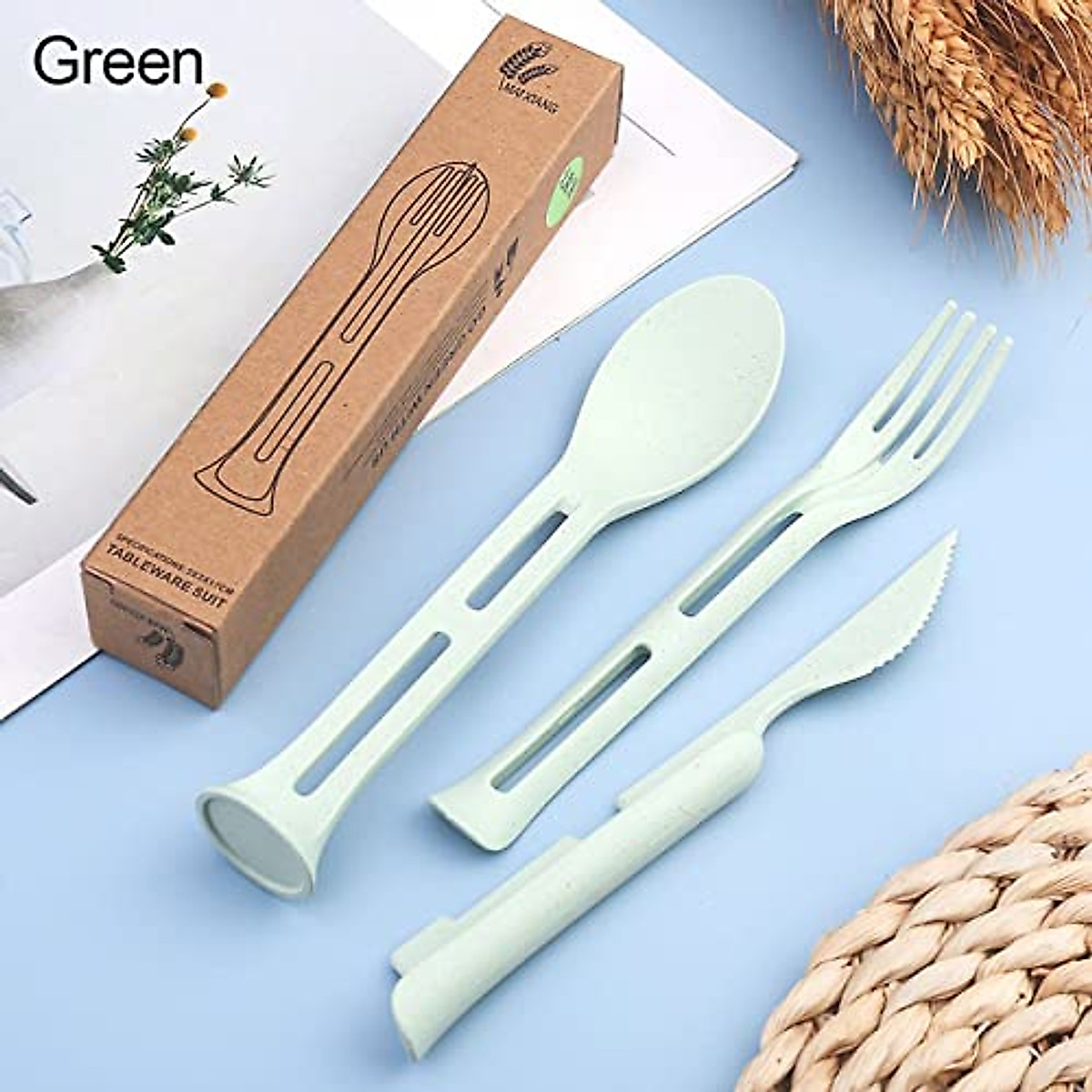 3pcs/set 3 in 1 Travel Portable Cutlery Set Japan Style Wheat Straw Knife Fork Spoon Student Dinnerware Sets Kitchen Tableware (Green)