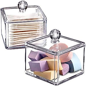 Modern Square Qtip Holder Acrylic Bathroom Vanity Countertop Storage Organizer Canister Jar for Cotton Swabs, Rounds, Balls, Makeup Sponges, Bath Salts - 2 Pack - Clear
