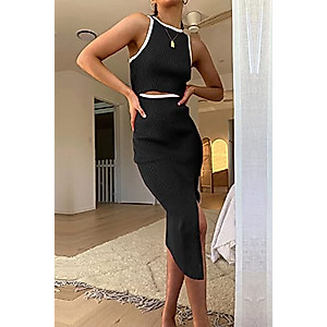 PRETTYGARDEN Women's Summer Midi Bodycon Dresses Casual Crew Neck Side Slit Sleeveless Knit Cut Out Tank Top Dress (Z-Black,Small)