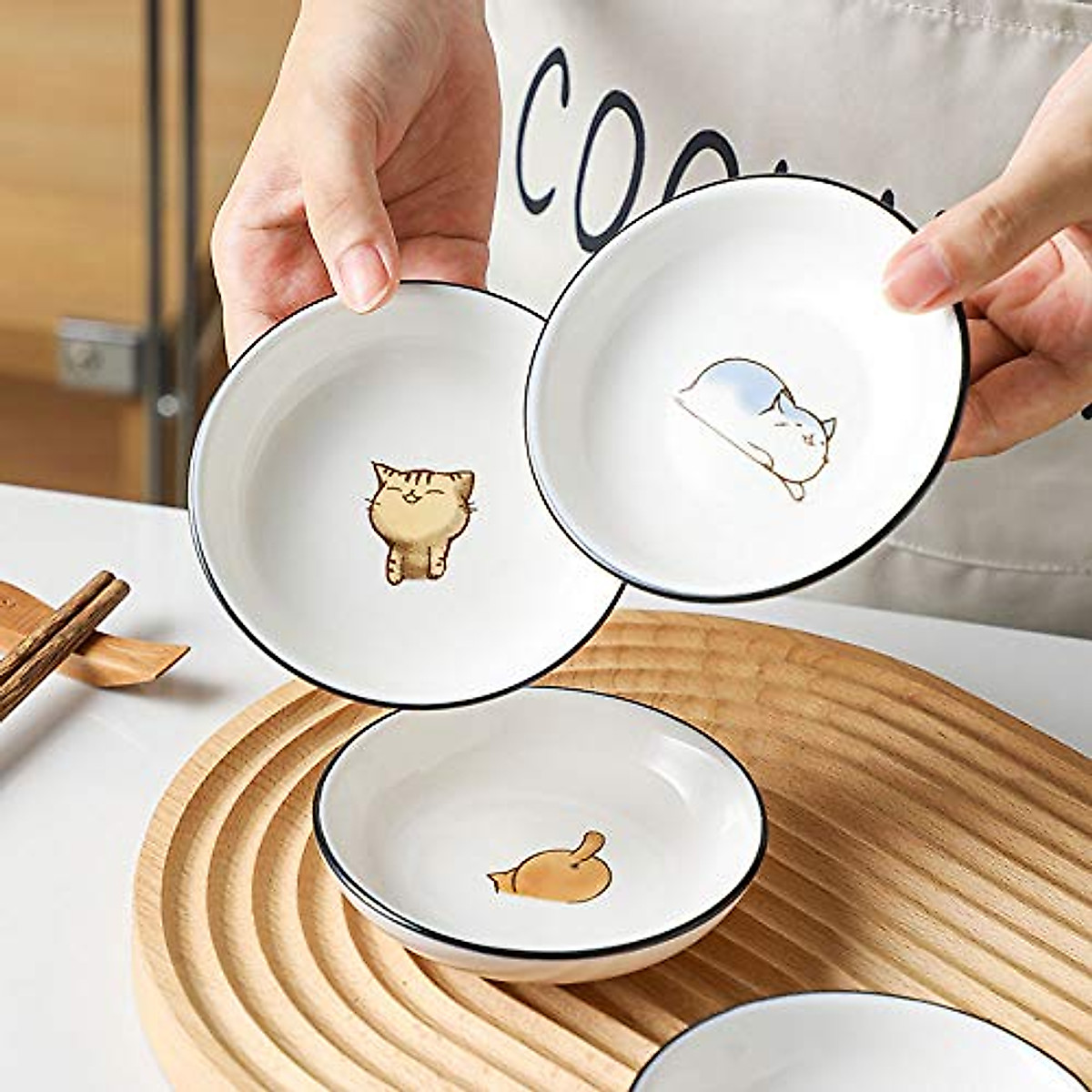 FUYU 6pcs Cute Cat Multipurpose Ceramic Sauce Dish Seasoning Dishes Sushi Dipping Bowl Appetizer Plates