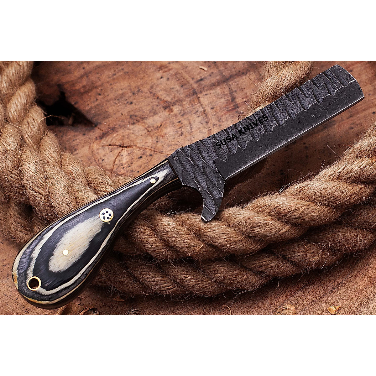 SUSA KNIVES Custom Handmade 1095 steel Bull cutter knife, cowboy knives with pancake leather sheath