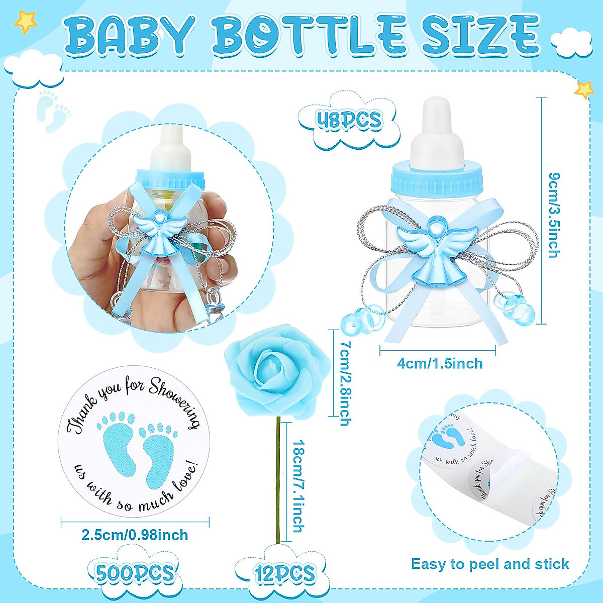 Vesici 61 Pcs Boy Baby Shower Party Favors Set, 48 Plastic Mini Angel Baby Bottles with 1 Roll Thanks Sticker 12 Artificial Roses for Newborn Baptism Baby Shower Party Decorations Gift for Guests