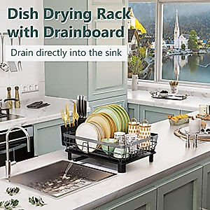 AIDERLY Iron Dish Drying Rack with Drainboard Dish Drainers for Kitchen Counter Extendable Spout Strainers with Utensil Holder and Knife Slots, Grey