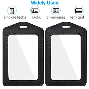 2 Pcs Genuine Leather ID Badge Holder Vertical Double-Side Clear Card Holder Waterproof Name Badge Holder for Office, Staff, Students, Employees(Black&Black)