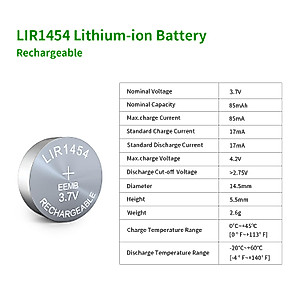 EEMB 4PACK LIR1454 Rechargeable Battery 3.7V Lithium-ion Button Batteries Coin Cell Battery for Earphone Wearable Device Watch