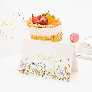 Crisky 4 Assorted Gold Foil Thank You Cards, Watercolor WildFlowers (50 Cards with Envelopes for Birthday, Baby Shower, Bridal Shower, Wedding, All Occasion)