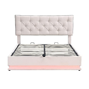 Prohon Queen Size Platform Bed with Hydraulic Storage System and Sensor LED Light, Modern Upholstered Bed Frame w/Button-Tufted Design Headboard, No Box Spring Needed, Wooden Slats Support, Beige