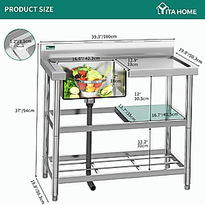 YITAHOME Kitchen Sink Stainless Steel Single Bowl Freestanding Commercial Sink with Drainboard for Restaurant, Utility Sink w/Workbench & Double Storage Shelves for outdoor 39" W x 20" D x 37" H