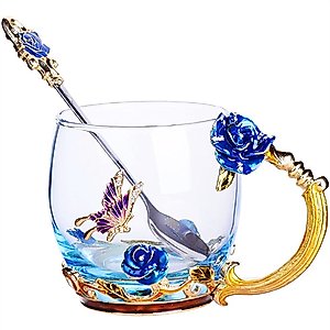 Bellairis Tea Cup with Lid, 11oz Glass Tea Cups with Spoon & Cleaning Cloth & Coaster, Enamels Butterfly Flower Coffee Mug,Gifts for Women Mom Wife Valentines Wedding Mother's Day (Blue)