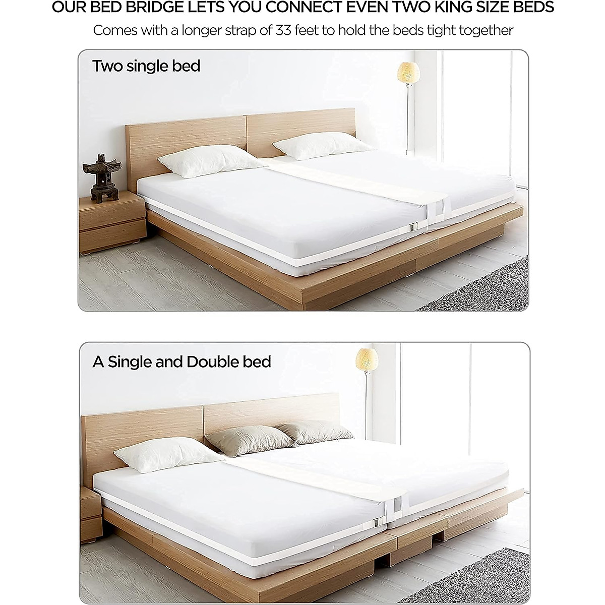 flybold Bed Bridge Twin to King Bed Converter Kit - Bed Gap Filler for Adjustable Bed 9" - Wide Mattress Wedge Connector with Two End Loops and Storage Bag for Travel Kids - Family Guests Stayovers