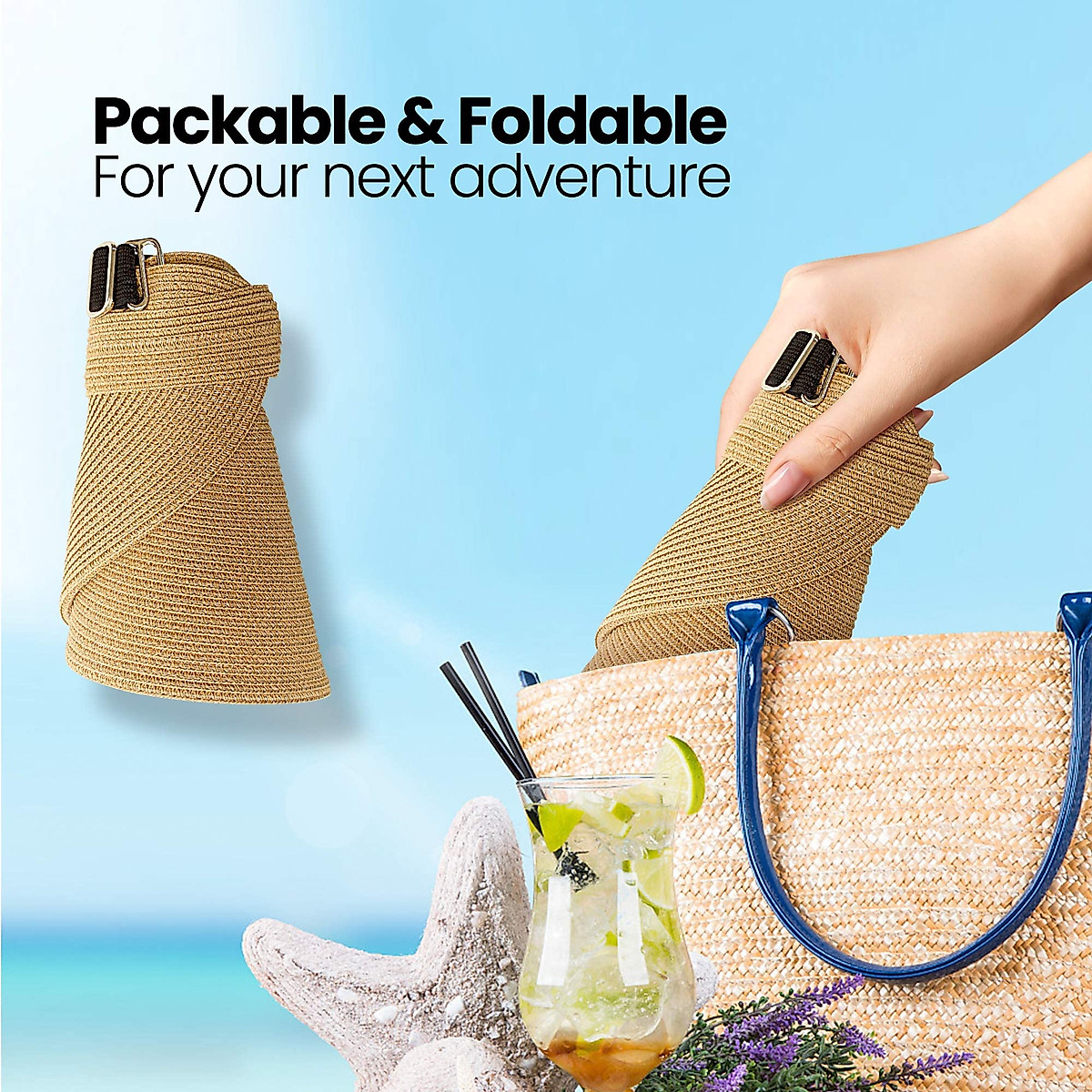 Roniky Women Straw Sun Visor Hat Wide Brim Summer UV Protection Ponytail Visor Beach Cap Foldable Packable UPF 50+ Khaki