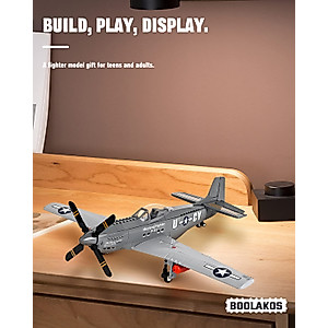 BOOLAKOS P-51 Mustang Fighter Bomber Building Blocks Sets, Military WW2 Airplane Building Toy, Collectible WW2 Army Model for Children Adults (258PCS)