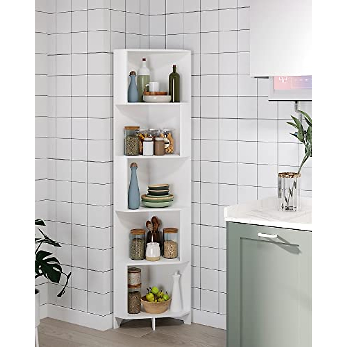 Yusong Bookshelf Corner Shelf Bookcase, Wooden 5-Tier Book Shelves Display Cabinet for Living Room,Bedroom,Bathroom, White