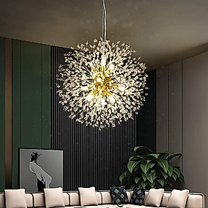 Qamra Modern Crystal Gold Chandeliers, Firework Dandelion Sputnik Chandelier Light Fixture Pendant Lighting for Dining Room, Bedroom, Kitchen, Living Room(12-Light, Gold)