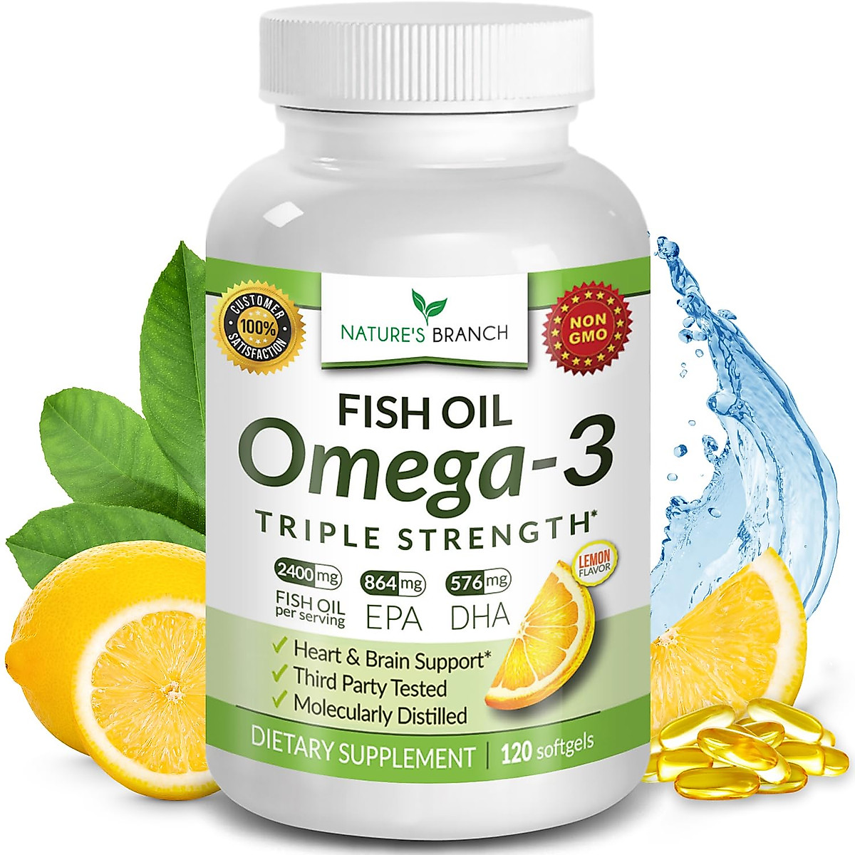 Best Triple Strength Omega 3 Fish Oil Pills 2400mg | 120 Capsules | Burpless High Potency Lemon Flavor | 864mg EPA 576mg DHA Ultra Pure Liquid Softgels | Brain Joints Eyes Hair Heart Health Supplement