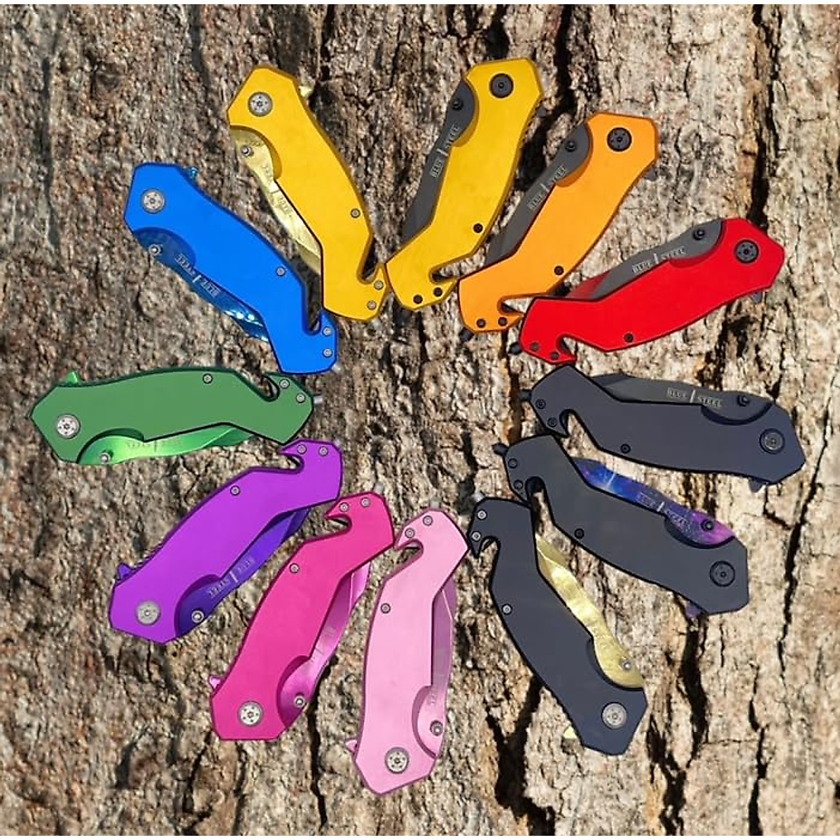 Blue Steel Personalized Laser Engraved Pocket Knife, Rescue Pocket Knife with 3.25-Inch Stainless Steel Blade, Glass Breaker Tip, Belt Cutter, and Pocketclip, Color - (Light Pink)