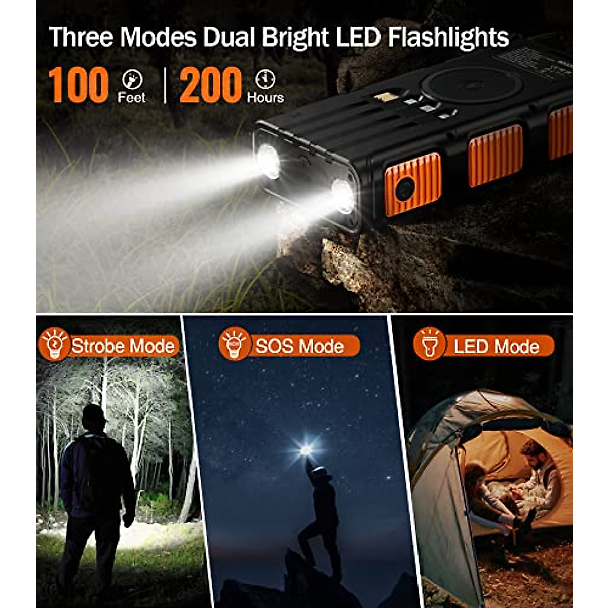 GOODaaa Power Bank Wireless Charger 45800mAh Built in Hand Crank and 4 Cables 15W Fast Charging Power Bank 7 Outputs & 4 Inputs Solar Portable Charger, SOS/Strobe/Strong Flashlights, Compass (Orange)